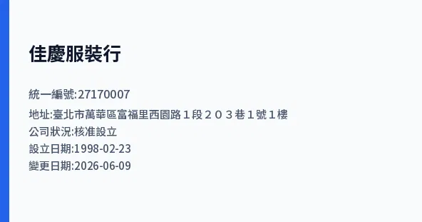 佳慶服裝行的照片-統編 27170007(臺北市) 公司登記資料與營業項目詳細圖表