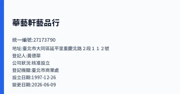 華藝軒藝品行的照片-統編 27173790(臺北市) 公司登記資料與營業項目詳細圖表