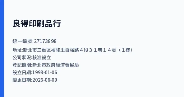 良得印刷品行的照片-統編 27173898(新北市) 公司登記資料與營業項目詳細圖表