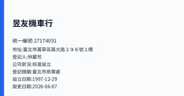 昱友機車行的照片-統編 27174051(臺北市) 公司登記資料與營業項目詳細圖表