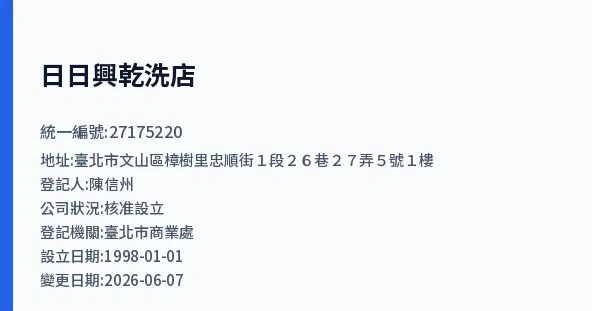 日日興乾洗店的照片-統編 27175220(臺北市) 公司登記資料與營業項目詳細圖表