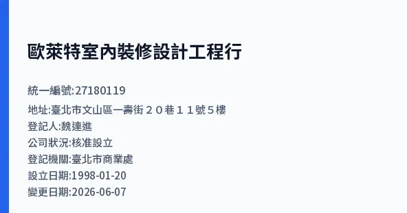 歐萊特室內裝修設計工程行的照片-統編 27180119(臺北市) 公司登記資料與營業項目詳細圖表