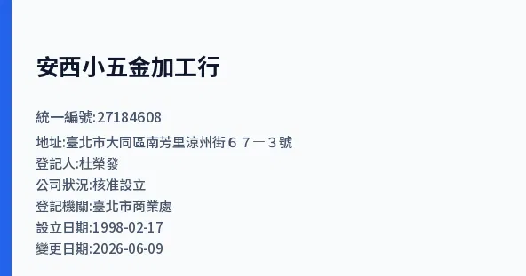安西小五金加工行的照片-統編 27184608(臺北市) 公司登記資料與營業項目詳細圖表