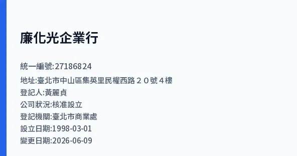 廉化光企業行的照片-統編 27186824(臺北市) 公司登記資料與營業項目詳細圖表