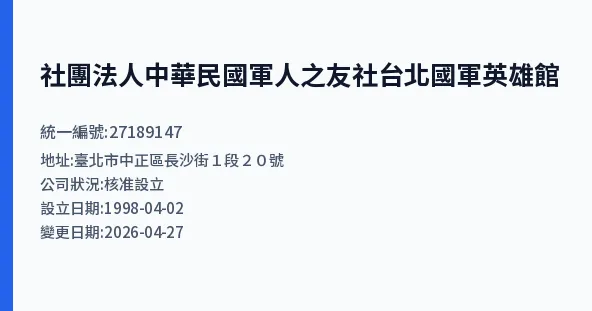 社團法人中華民國軍人之友社台北國軍英雄館的照片-統編 27189147(臺北市) 公司登記資料與營業項目詳細圖表