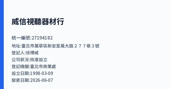 威信視聽器材行的照片-統編 27194182(臺北市) 公司登記資料與營業項目詳細圖表