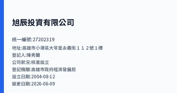 旭辰投資有限公司的照片-統編 27202319(高雄市) 公司登記資料與營業項目詳細圖表