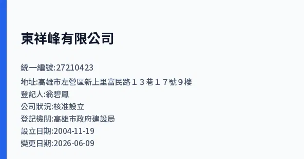 東祥峰有限公司的照片-統編 27210423(高雄市) 公司登記資料與營業項目詳細圖表