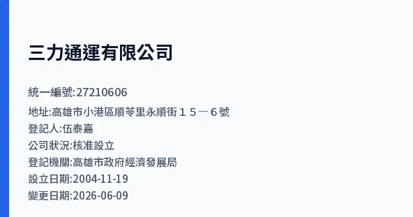 三力通運有限公司的照片-統編 27210606(高雄市) 公司登記資料與營業項目詳細圖表