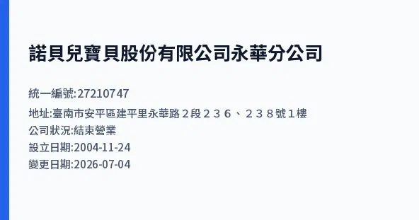 諾貝兒寶貝股份有限公司永華分公司的照片-統編 27210747(臺南市) 公司登記資料與營業項目詳細圖表