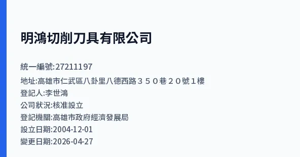明鴻切削刀具有限公司的照片-統編 27211197(高雄市) 公司登記資料與營業項目詳細圖表