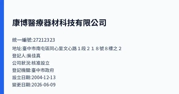 康博醫療器材科技有限公司的照片-統編 27212323(臺中市) 公司登記資料與營業項目詳細圖表