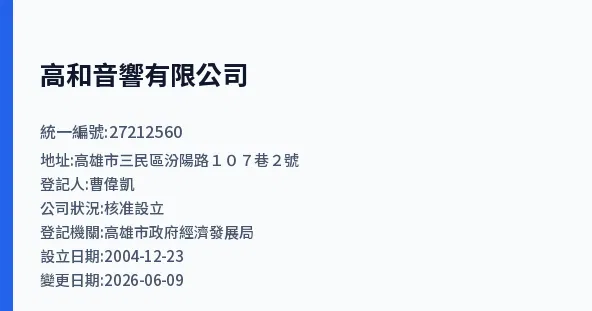 高和音響有限公司的照片-統編 27212560(高雄市) 公司登記資料與營業項目詳細圖表