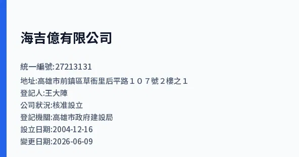 海吉億有限公司的照片-統編 27213131(高雄市) 公司登記資料與營業項目詳細圖表