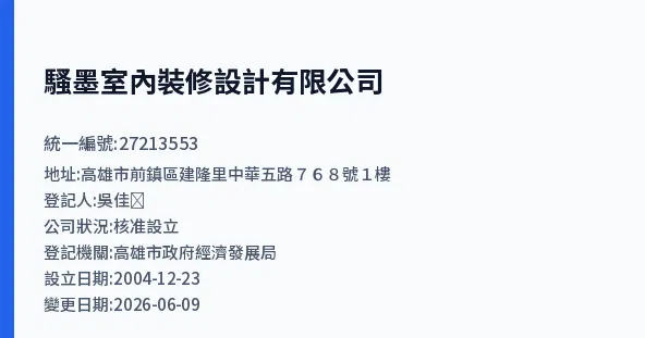 騷墨室內裝修設計有限公司的照片-統編 27213553(高雄市) 公司登記資料與營業項目詳細圖表
