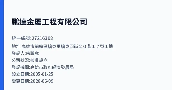 鵬達金屬工程有限公司的照片-統編 27216398(高雄市) 公司登記資料與營業項目詳細圖表