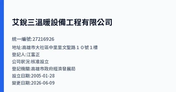 艾銳三溫暖設備工程有限公司的照片-統編 27216926(高雄市) 公司登記資料與營業項目詳細圖表