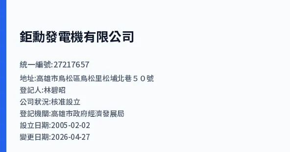 鉅勳發電機有限公司的照片-統編 27217657(高雄市) 公司登記資料與營業項目詳細圖表