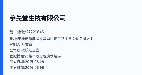 參先堂生技有限公司的照片-統編 27221646(高雄市) 公司登記資料與營業項目詳細圖表