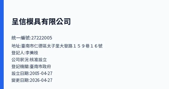 呈信模具有限公司的照片-統編 27222005(臺南市) 公司登記資料與營業項目詳細圖表