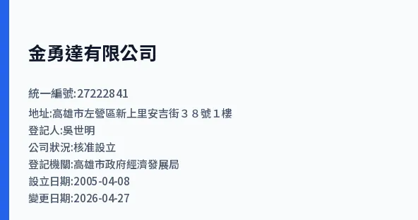 金勇達有限公司的照片-統編 27222841(高雄市) 公司登記資料與營業項目詳細圖表