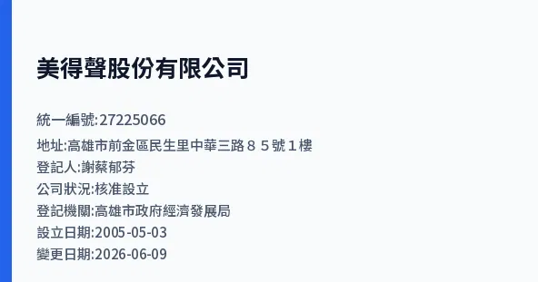 美得聲股份有限公司的照片-統編 27225066(高雄市) 公司登記資料與營業項目詳細圖表