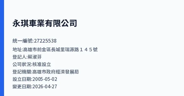永琪車業有限公司的照片-統編 27225538(高雄市) 公司登記資料與營業項目詳細圖表