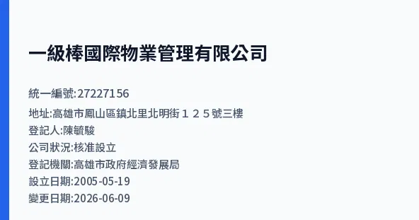 一級棒國際物業管理有限公司的照片-統編 27227156(高雄市) 公司登記資料與營業項目詳細圖表