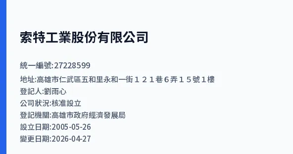 索特工業股份有限公司的照片-統編 27228599(高雄市) 公司登記資料與營業項目詳細圖表