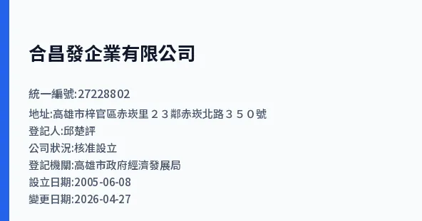 合昌發企業有限公司的照片-統編 27228802(高雄市) 公司登記資料與營業項目詳細圖表