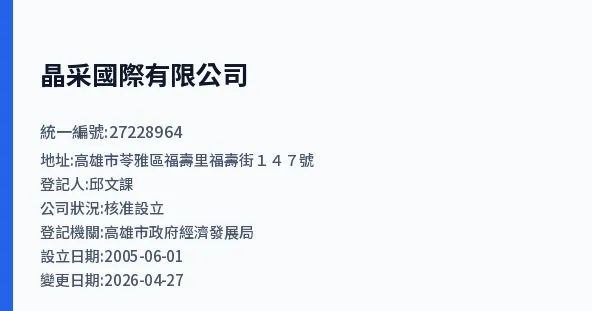 晶采國際有限公司的照片-統編 27228964(高雄市) 公司登記資料與營業項目詳細圖表