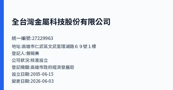 全台灣金屬科技股份有限公司的照片-統編 27229963(高雄市) 公司登記資料與營業項目詳細圖表