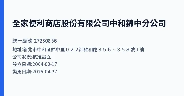全家便利商店股份有限公司中和錦中分公司的照片-統編 27230856(新北市) 公司登記資料與營業項目詳細圖表