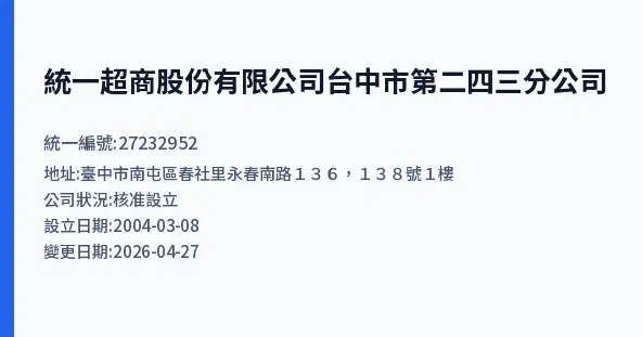 統一超商股份有限公司台中市第二四三分公司的照片-統編 27232952(臺中市) 公司登記資料與營業項目詳細圖表