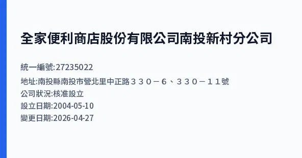 全家便利商店股份有限公司南投新村分公司的照片-統編 27235022(南投縣) 公司登記資料與營業項目詳細圖表