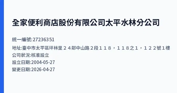 全家便利商店股份有限公司太平水林分公司的照片-統編 27236351(臺中市) 公司登記資料與營業項目詳細圖表
