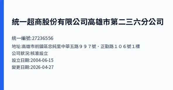 統一超商股份有限公司高雄市第二三六分公司的照片-統編 27236556(高雄市) 公司登記資料與營業項目詳細圖表
