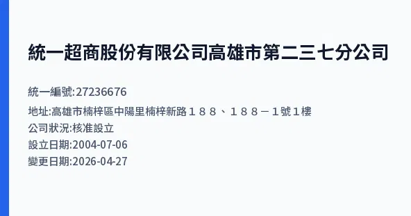 統一超商股份有限公司高雄市第二三七分公司的照片-統編 27236676(高雄市) 公司登記資料與營業項目詳細圖表