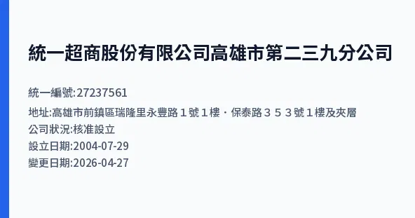 統一超商股份有限公司高雄市第二三九分公司的照片-統編 27237561(高雄市) 公司登記資料與營業項目詳細圖表