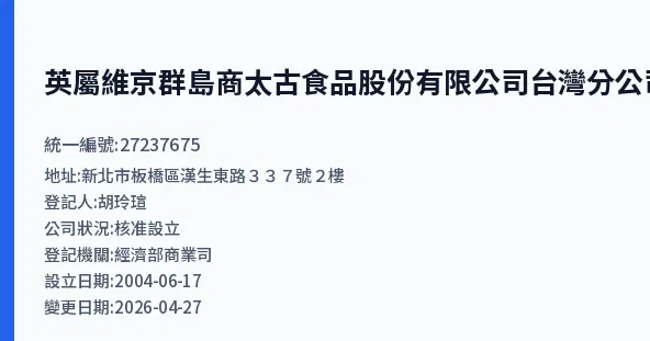 英屬維京群島商太古食品股份有限公司台灣分公司的照片-統編 27237675(新北市) 公司登記資料與營業項目詳細圖表