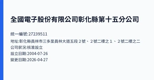 全國電子股份有限公司彰化縣第十五分公司的照片-統編 27239511(彰化縣) 公司登記資料與營業項目詳細圖表