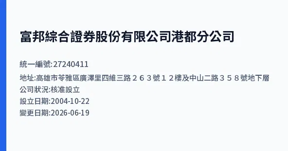 富邦綜合證券股份有限公司港都分公司的照片-統編 27240411(高雄市) 公司登記資料與營業項目詳細圖表