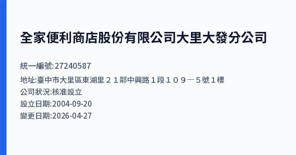 全家便利商店股份有限公司大里大發分公司的照片-統編 27240587(臺中市) 公司登記資料與營業項目詳細圖表