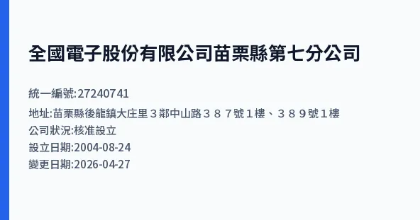 全國電子股份有限公司苗栗縣第七分公司的照片-統編 27240741(苗栗縣) 公司登記資料與營業項目詳細圖表