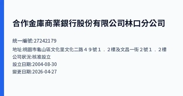 合作金庫商業銀行股份有限公司林口分公司的照片-統編 27242179(桃園市) 公司登記資料與營業項目詳細圖表