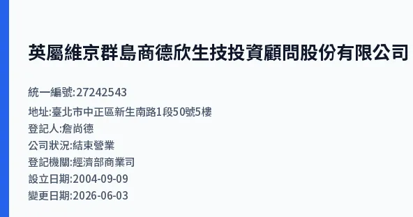 英屬維京群島商德欣生技投資顧問股份有限公司的照片-統編 27242543(臺北市) 公司登記資料與營業項目詳細圖表