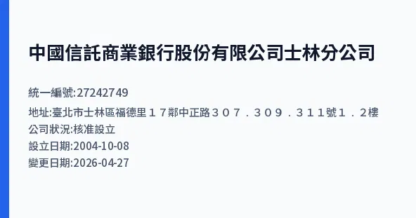中國信託商業銀行股份有限公司士林分公司的照片-統編 27242749(臺北市) 公司登記資料與營業項目詳細圖表