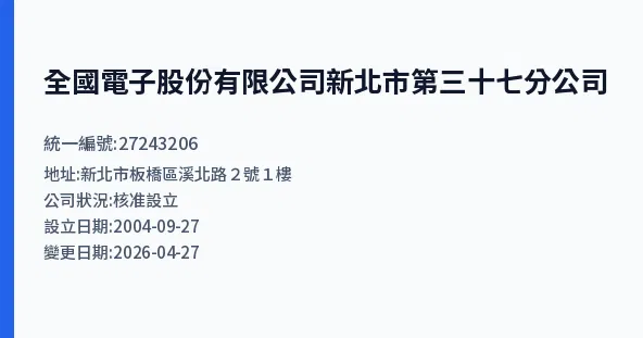 全國電子股份有限公司新北市第三十七分公司的照片-統編 27243206(新北市) 公司登記資料與營業項目詳細圖表