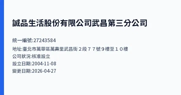 誠品生活股份有限公司武昌第三分公司的照片-統編 27243584(臺北市) 公司登記資料與營業項目詳細圖表