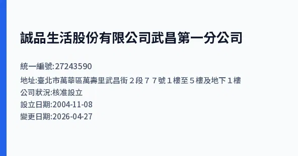 誠品生活股份有限公司武昌第一分公司的照片-統編 27243590(臺北市) 公司登記資料與營業項目詳細圖表